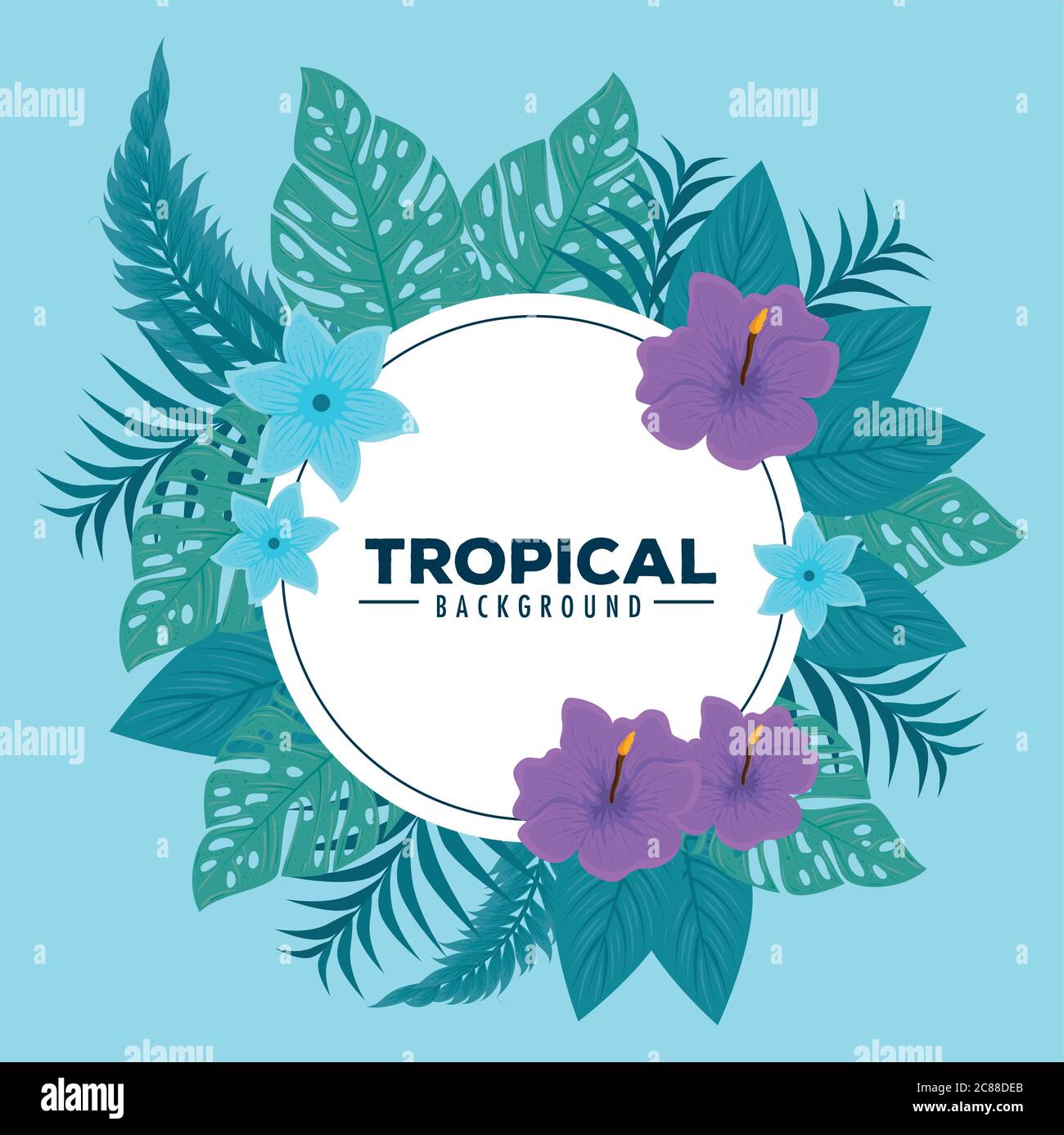 tropical background, frame circular with hibiscus, branches and ...