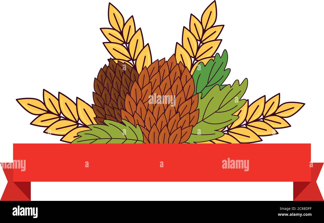 hop seeds with leaves and ribbon decoration on white background Stock ...