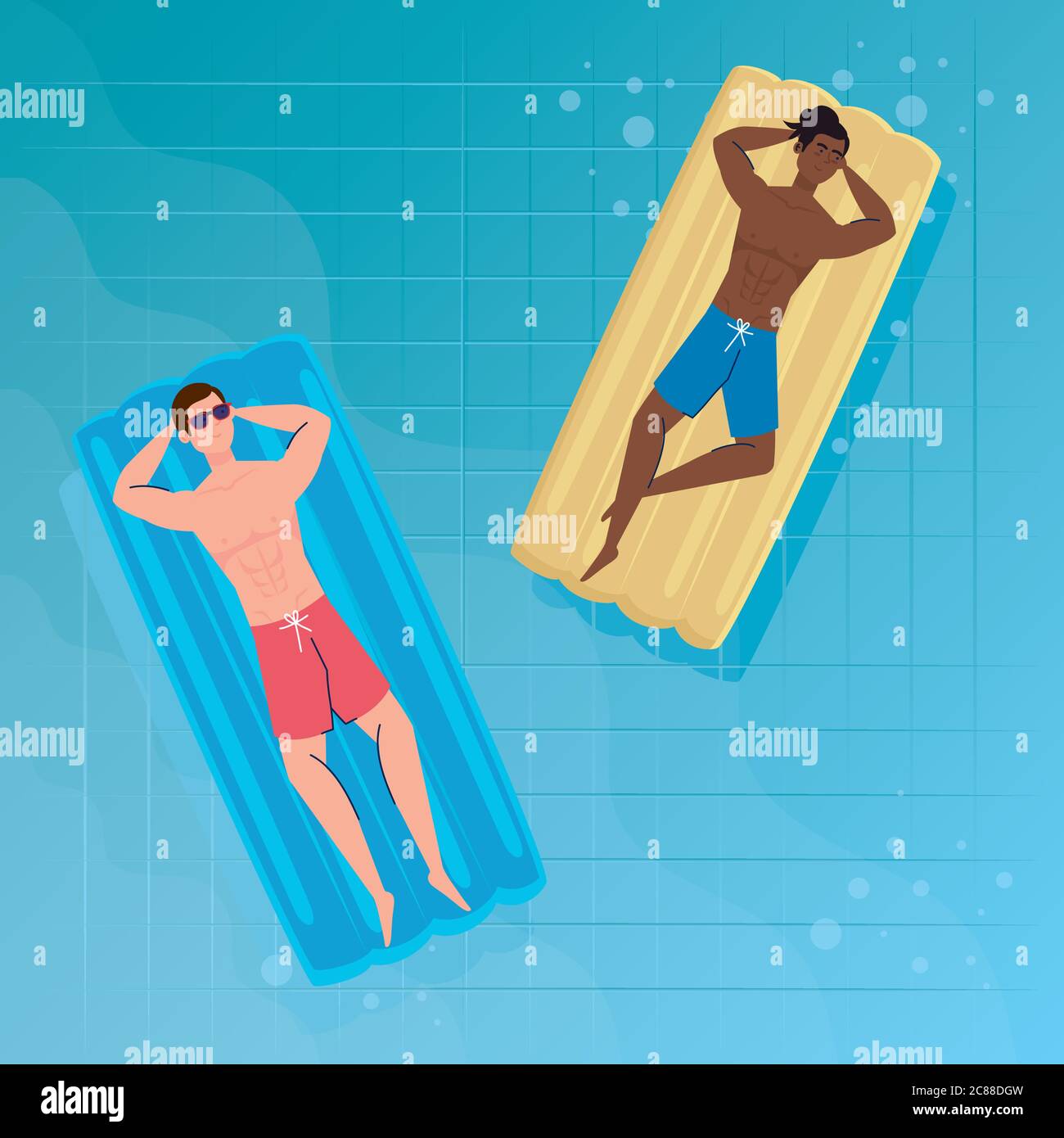 men in lying down on inflatable float in shorts, on the pool, summer ...