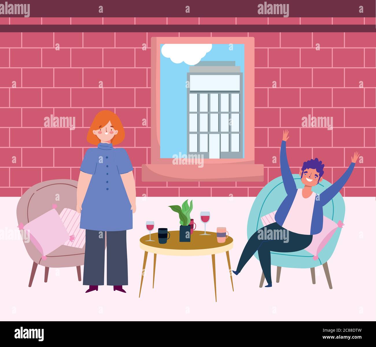 social distancing restaurant or a cafe, celebrating woman and man with ...