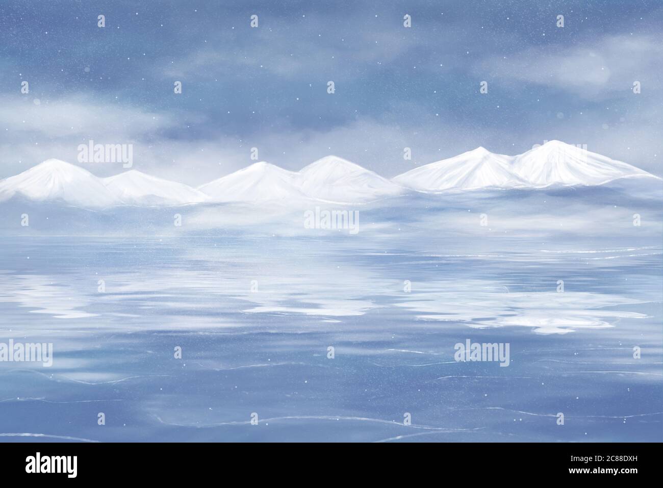 Winter landscape in cold blue colors. Digital art landscape background ...