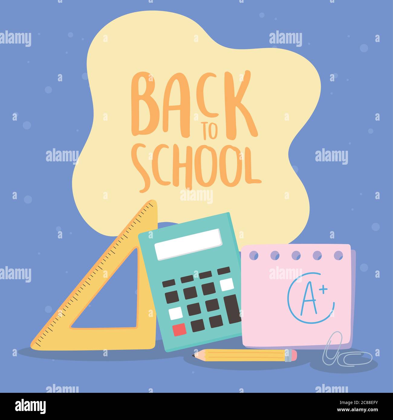 back to school, calculator ruler pencil and paper education cartoon ...