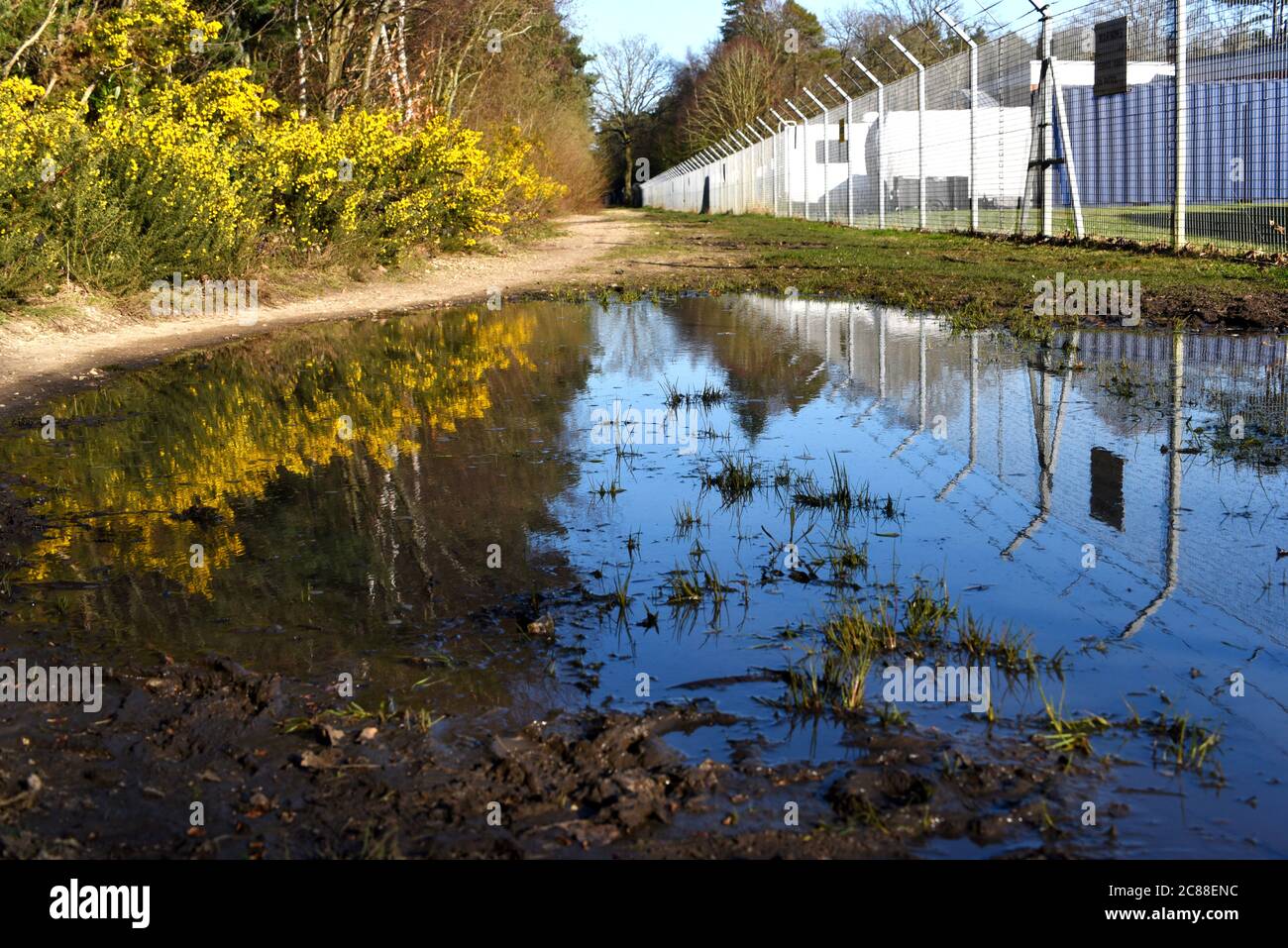 A barbed wire fence and blue sky reflected in a puddle on a clear day ...