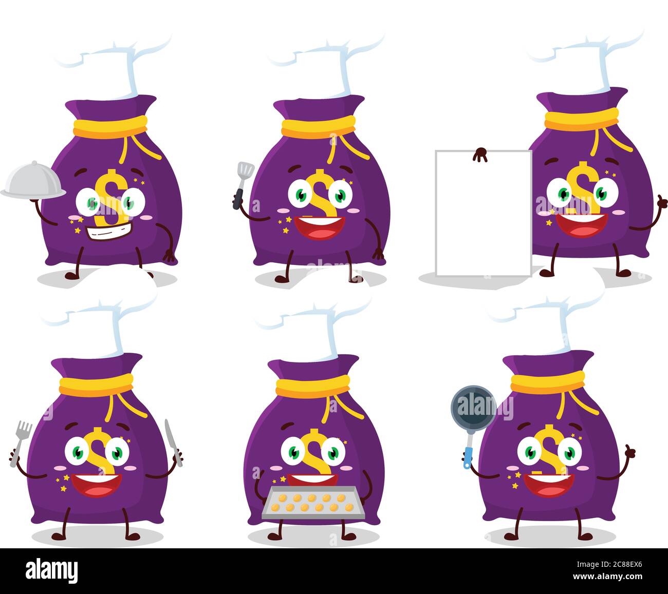 Cartoon character of magic money sack with various chef emoticons Stock ...