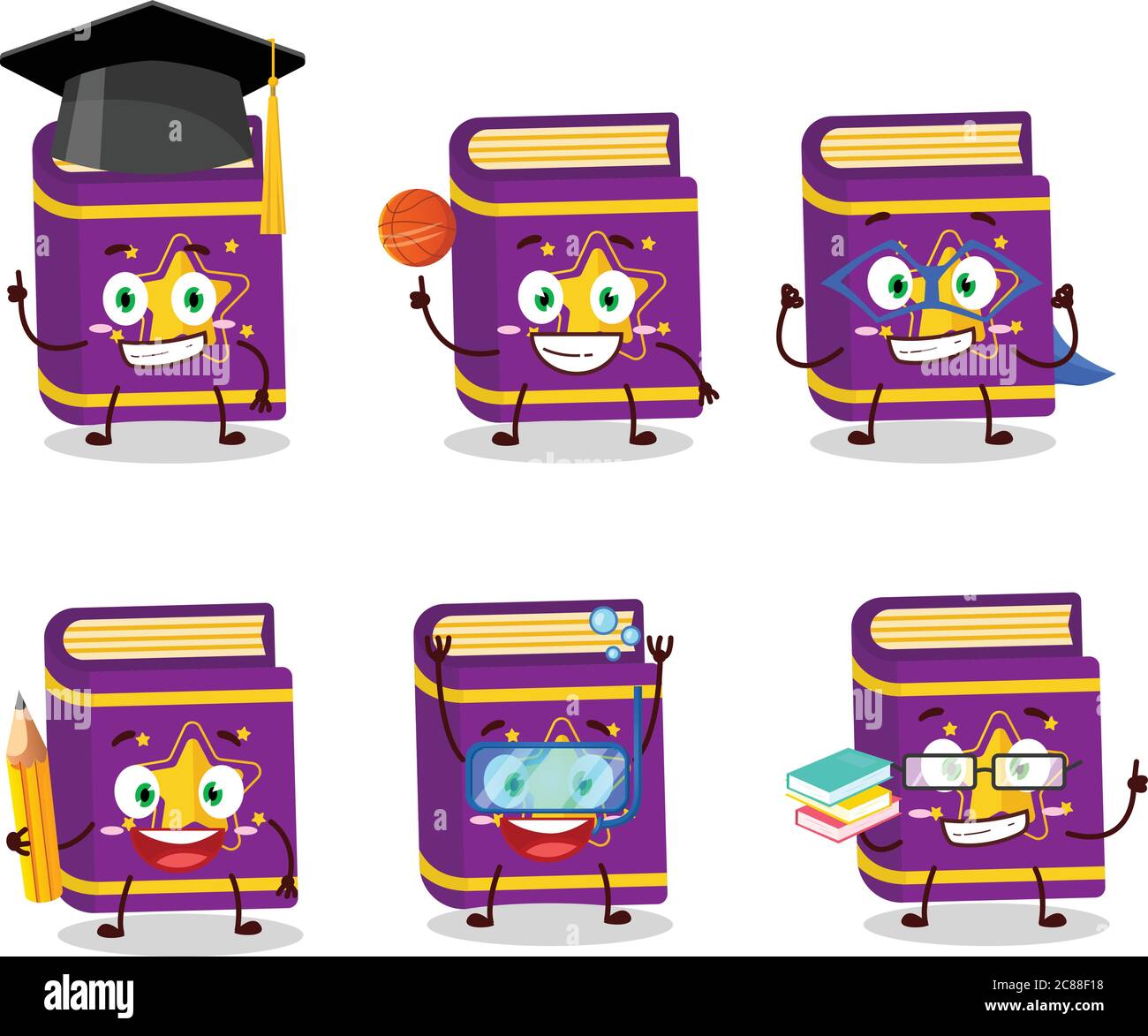 School student of magic book cartoon character with various expressions ...