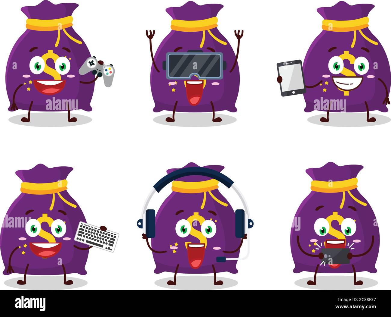 Magic money sack cartoon character are playing games with various cute ...