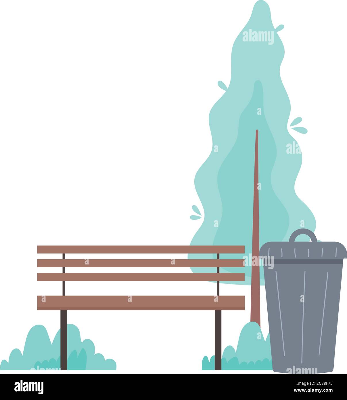 park bench tree bush vegetation bin waste outdoor design vector ...