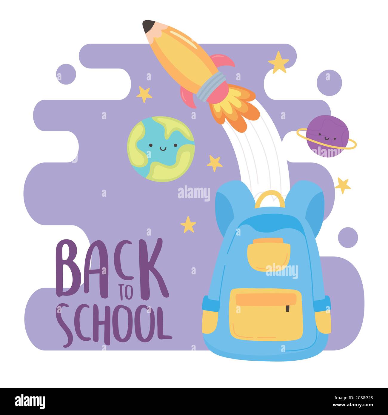 back to school, backpack rocket and planets education cartoon vector ...
