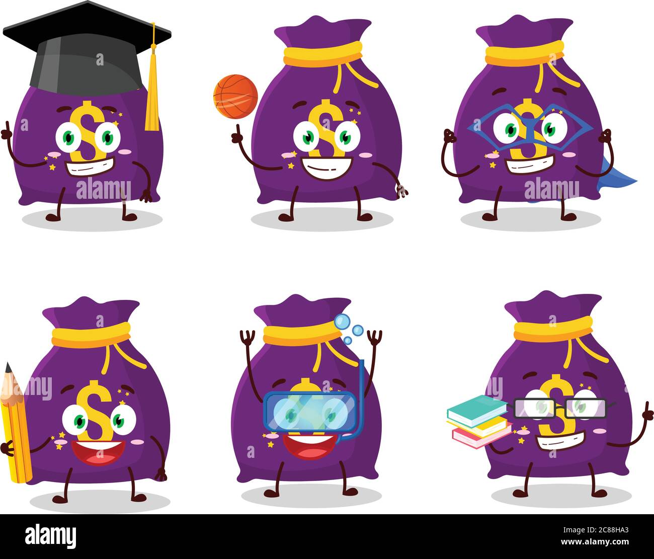 School student of magic money sack cartoon character with various ...