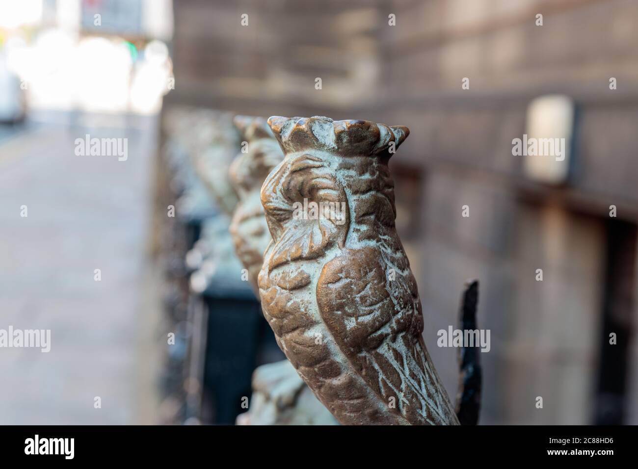 View of Leeds Owl sculptures on the top of railings outside the Central ...