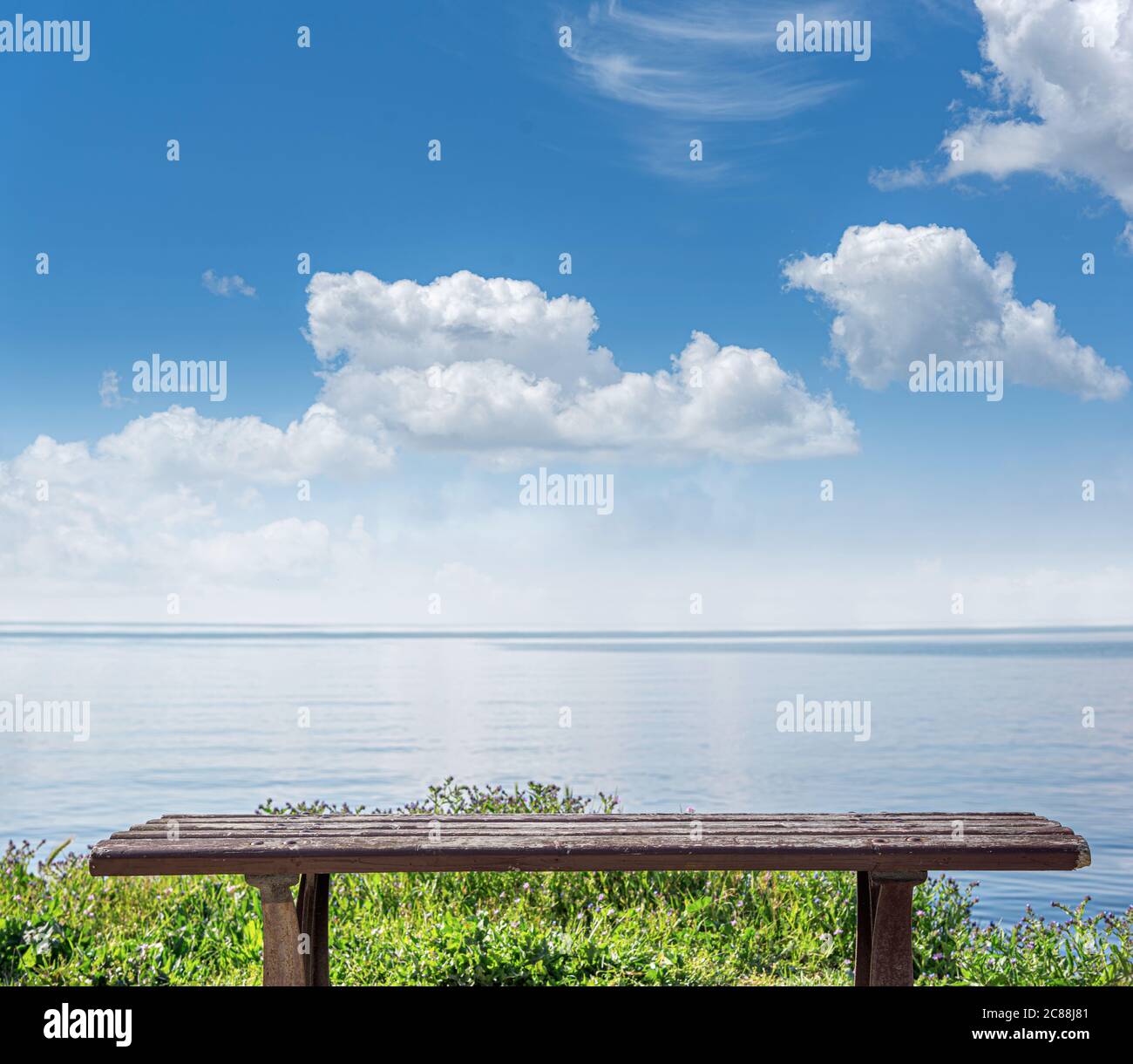Bench seat wooden view beach sea hi-res stock photography and images ...