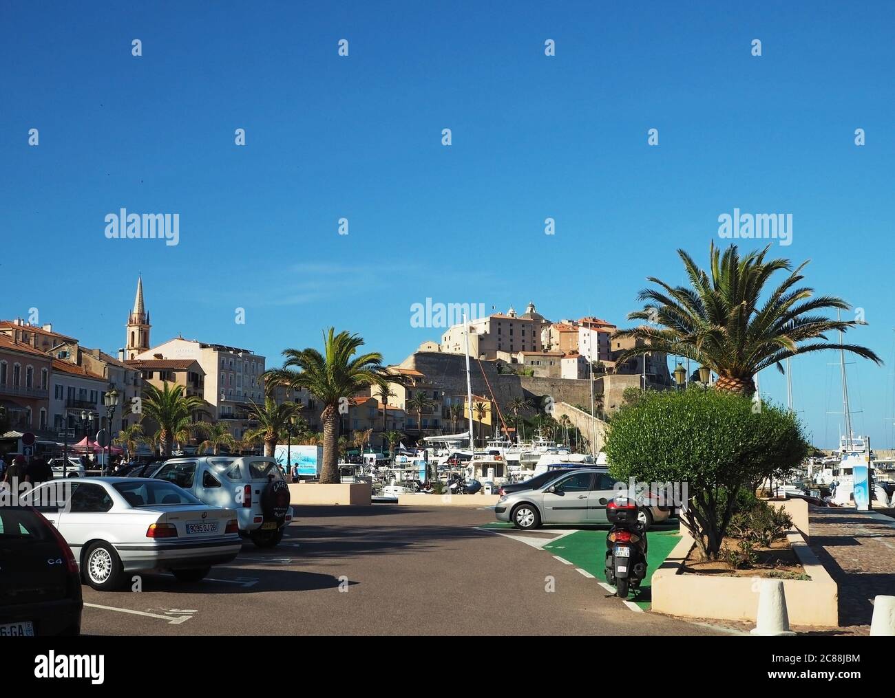 France, Corse, Calvi, June 6, 2017, old town view from harbour, marina ...