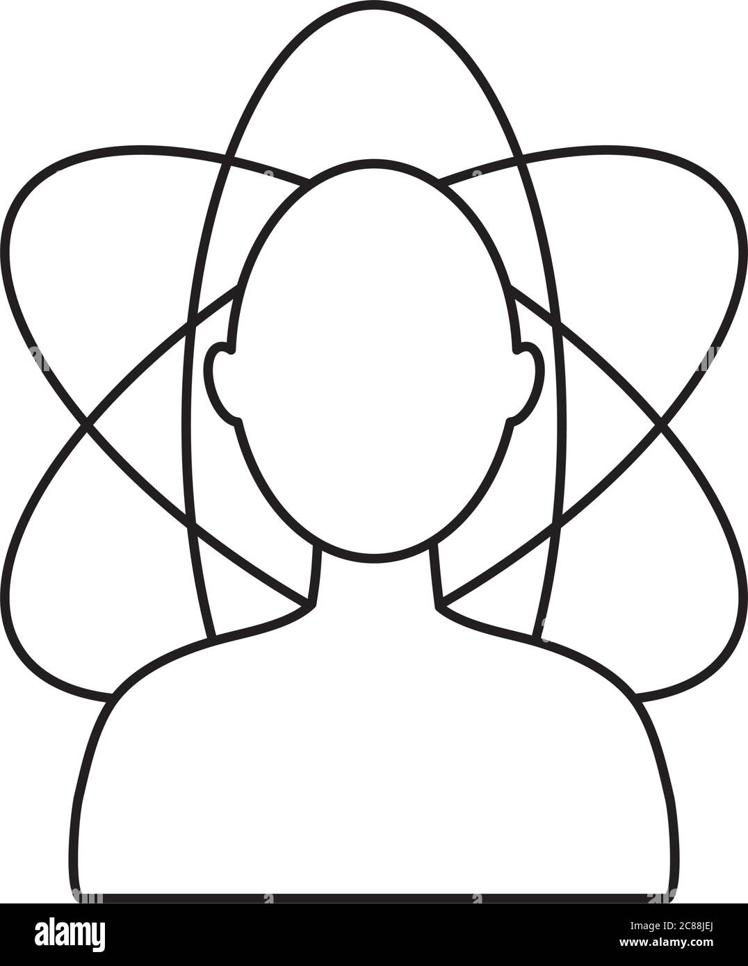 human head with atom symbol icon over white background, line style ...