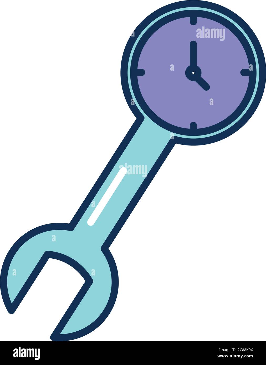 wrench with clock icon over white background, line fill style, vector ...