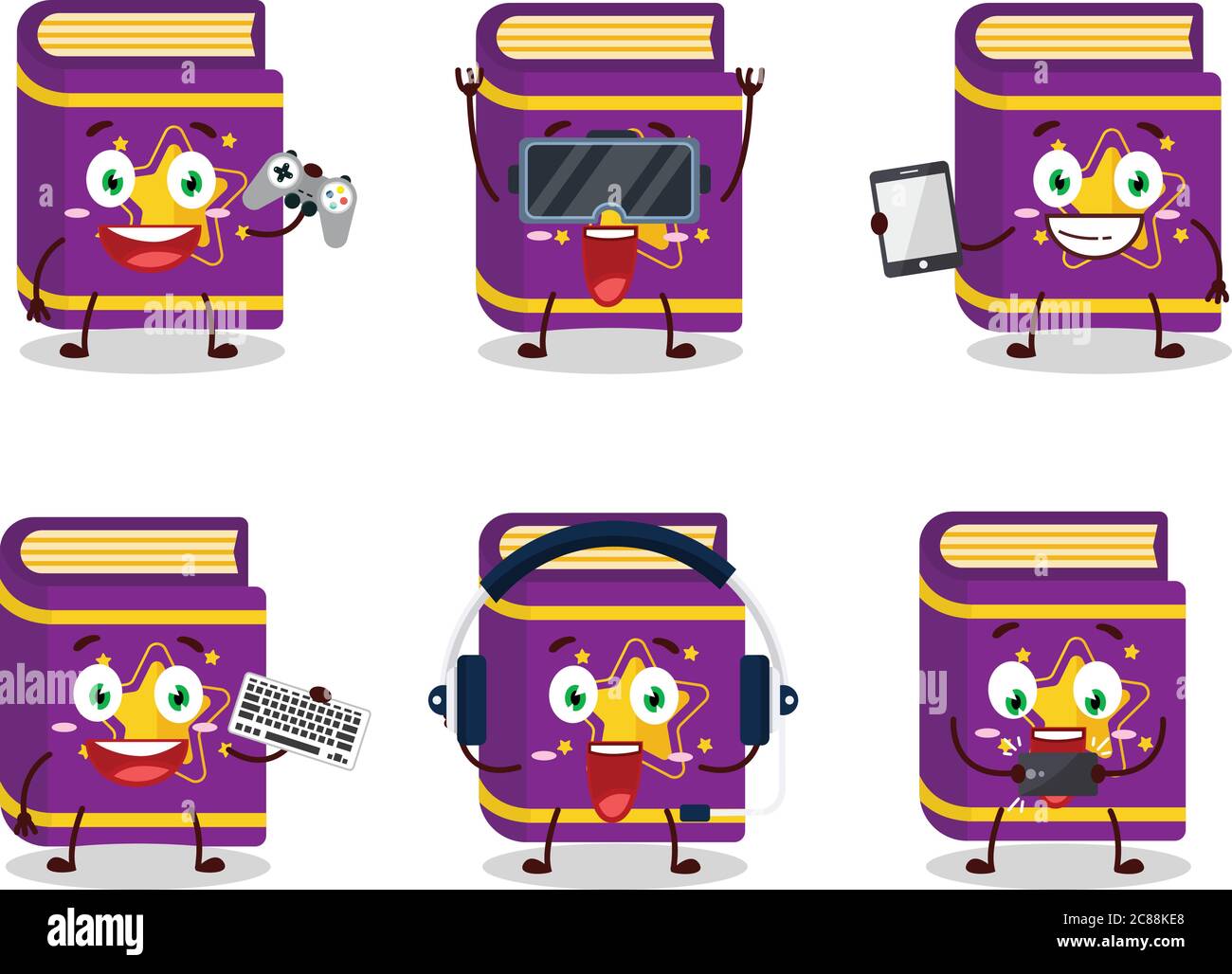 Magic book cartoon character are playing games with various cute ...