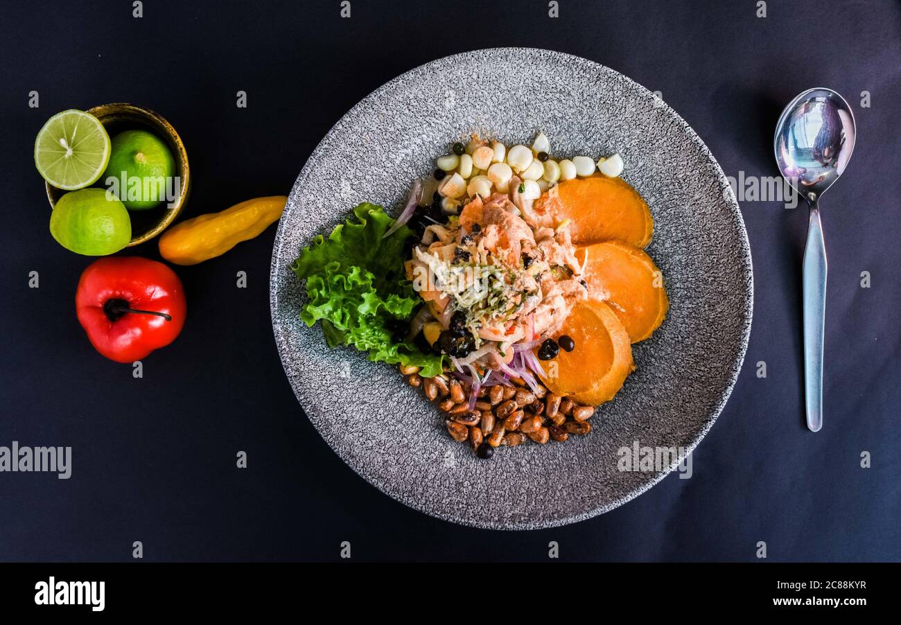 Delicious Peruvian ceviche dish in a beautiful plate on black surface ...