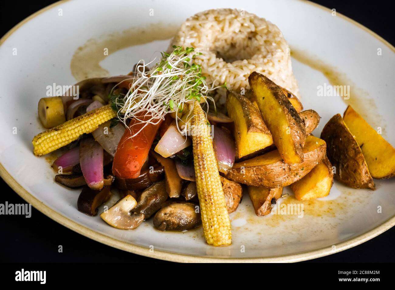 Fried rice served with potatoes and vegetable salad Stock Photo - Alamy