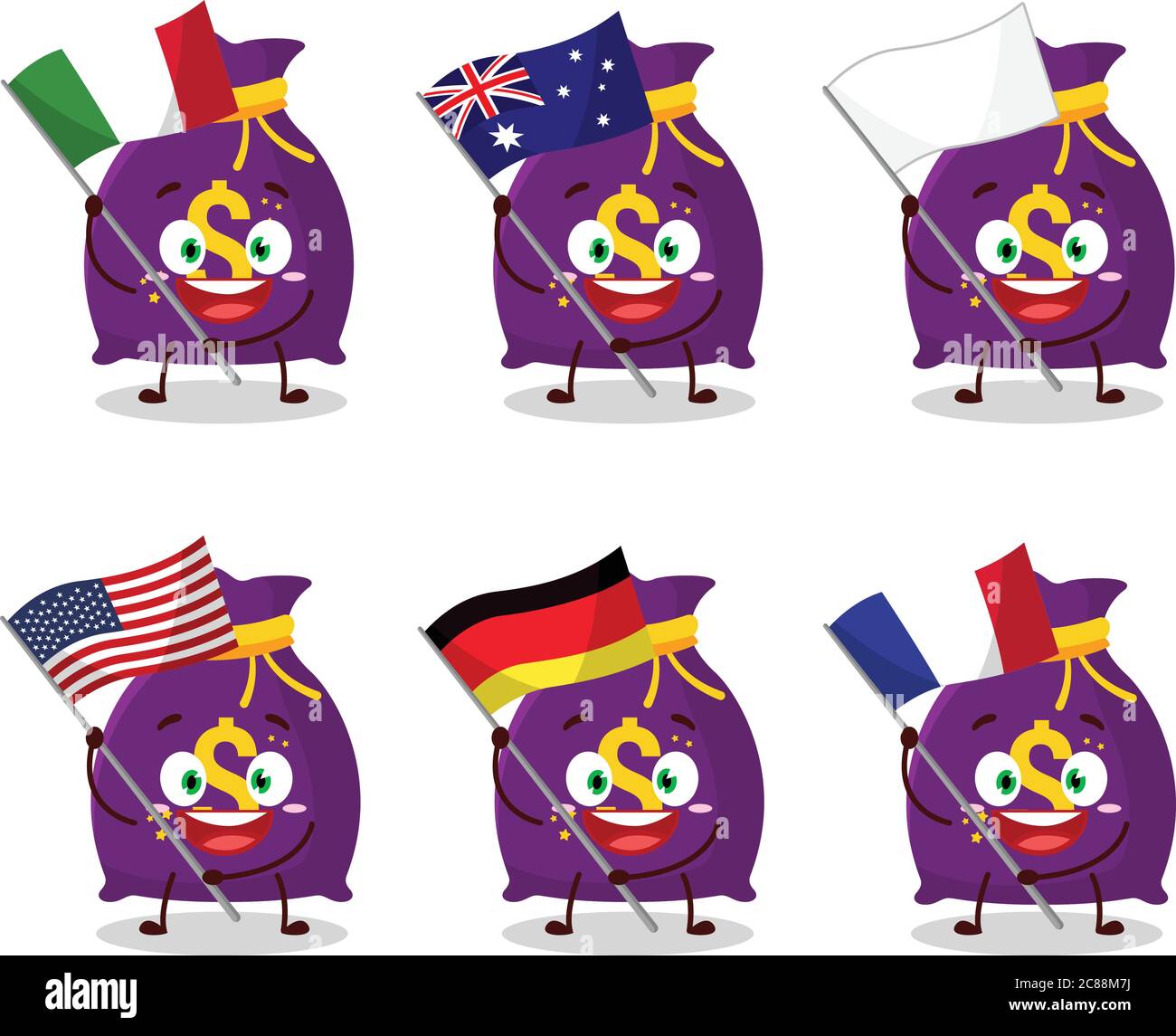 Magic money sack cartoon character bring the flags of various countries ...