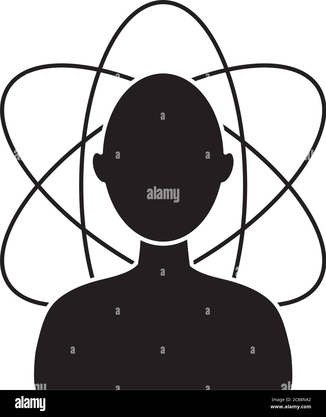 human head with atom symbol icon over white background, silhouette ...