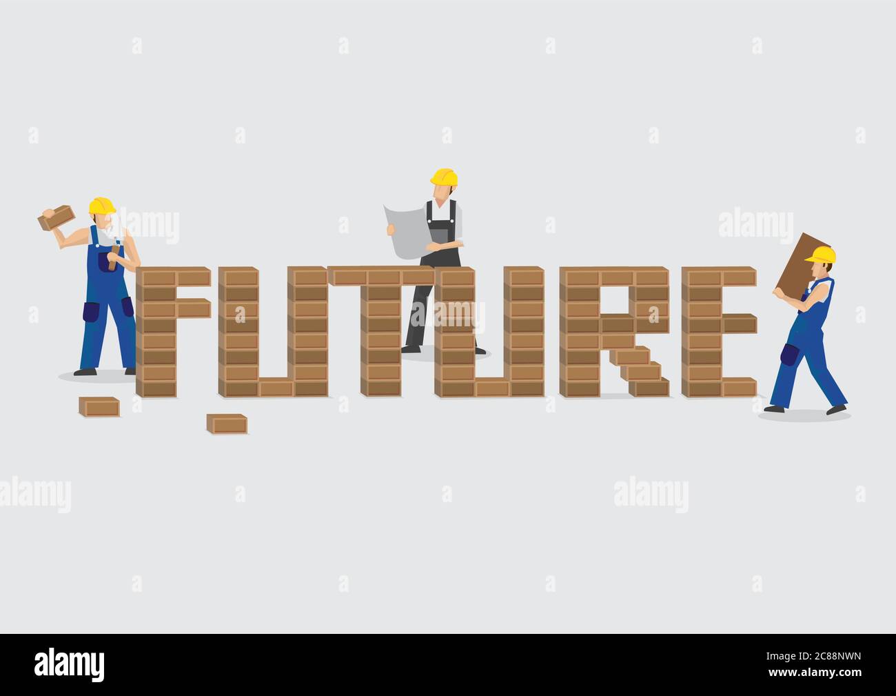 Group of workers working together to build brick wall of text Future ...