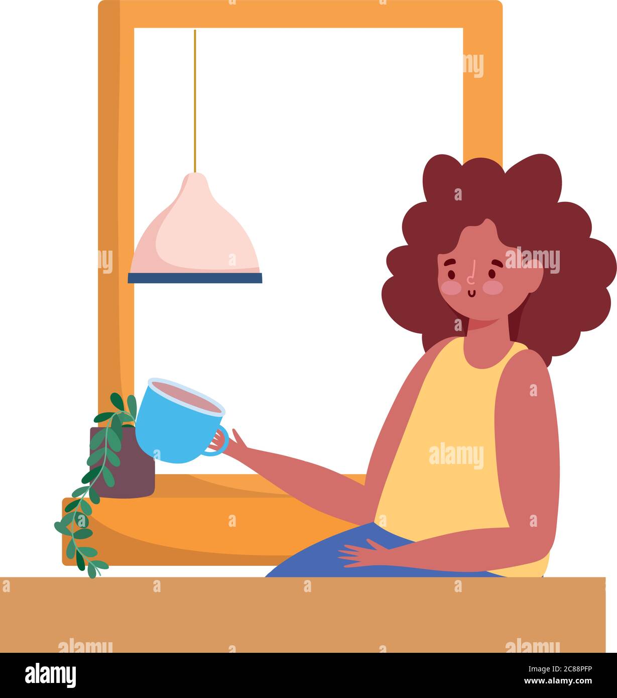 woman drinking coffee in window alone cartoon vector illustration Stock ...