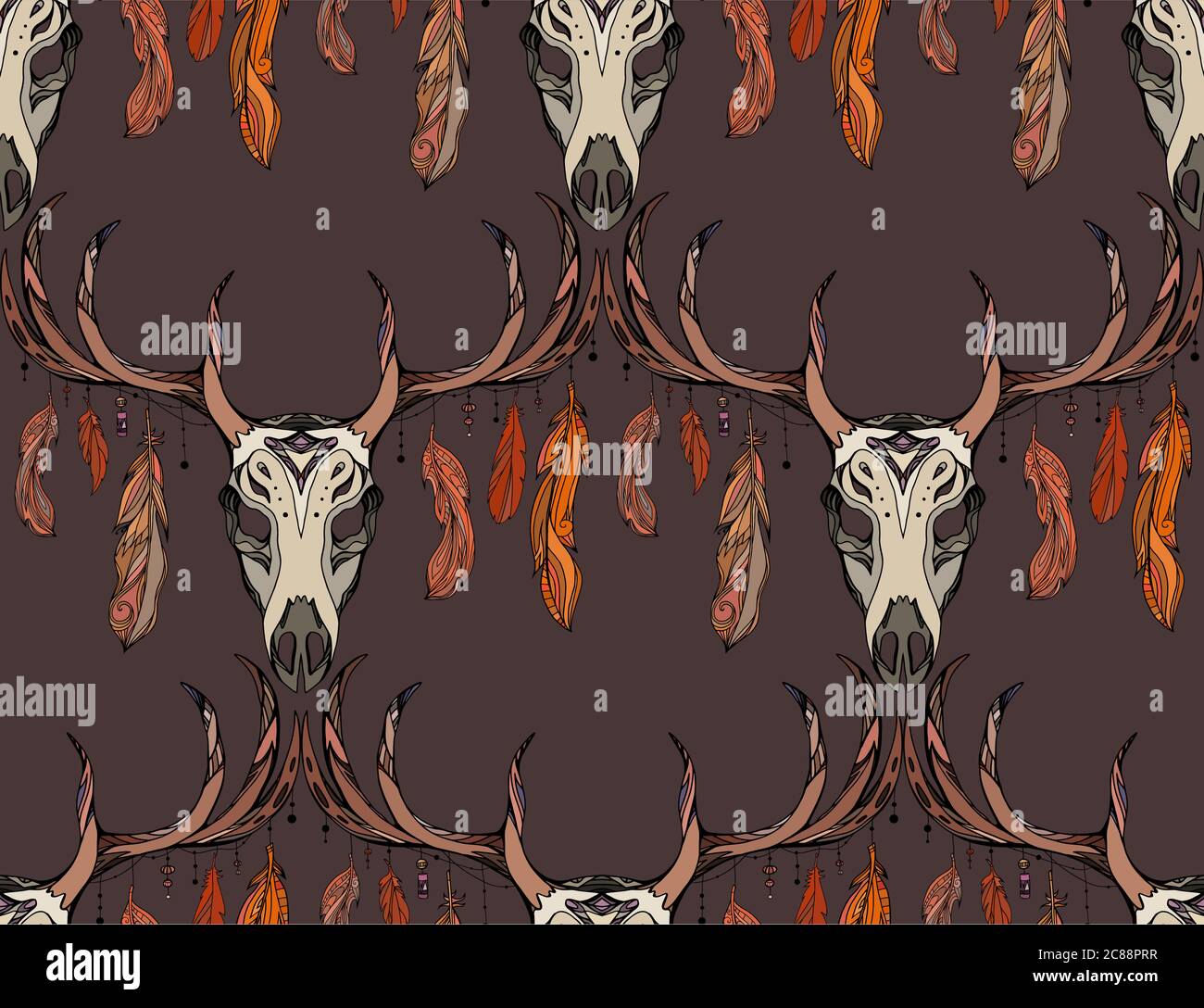 Seamless texture deer skull with horns, feathers and boho pattern ...