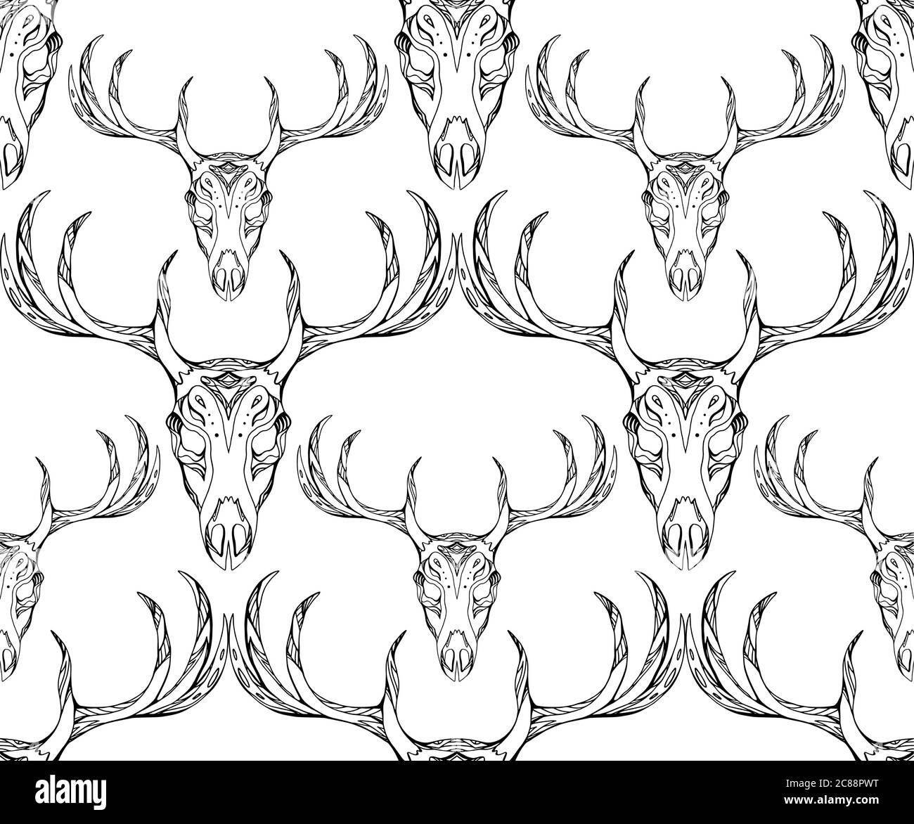 Seamless texture deer skull with horns and boho pattern. Vector ...