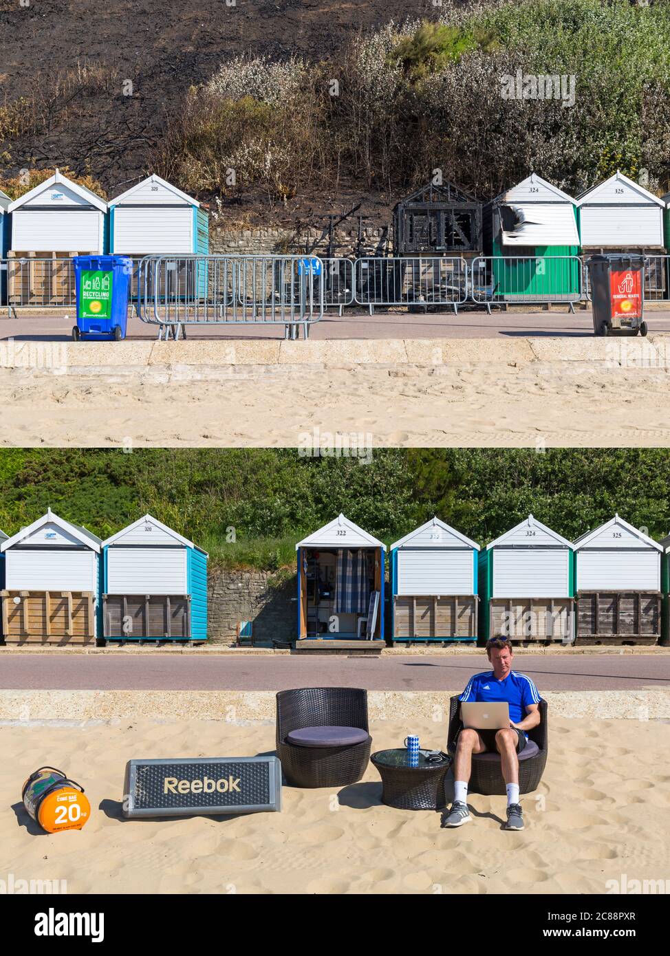 Bournemouth, Dorset UK. 22nd July 2020. Composite shows (bottom) beach ...