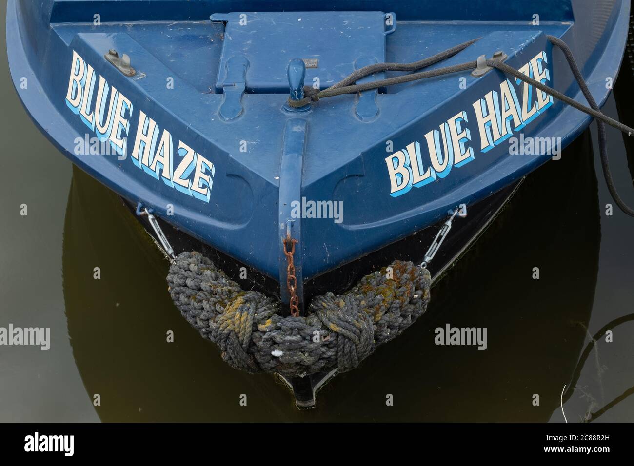 Front aspect view of a well maintained narrow boat seen moored within ...