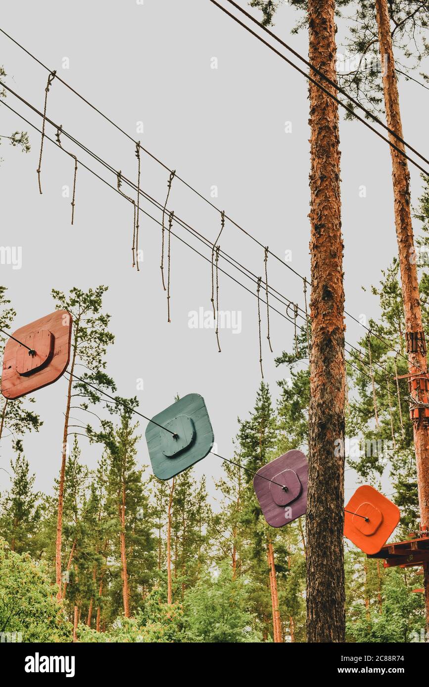 Rope town. Active family vacation in the open air. Elements of a rope ...