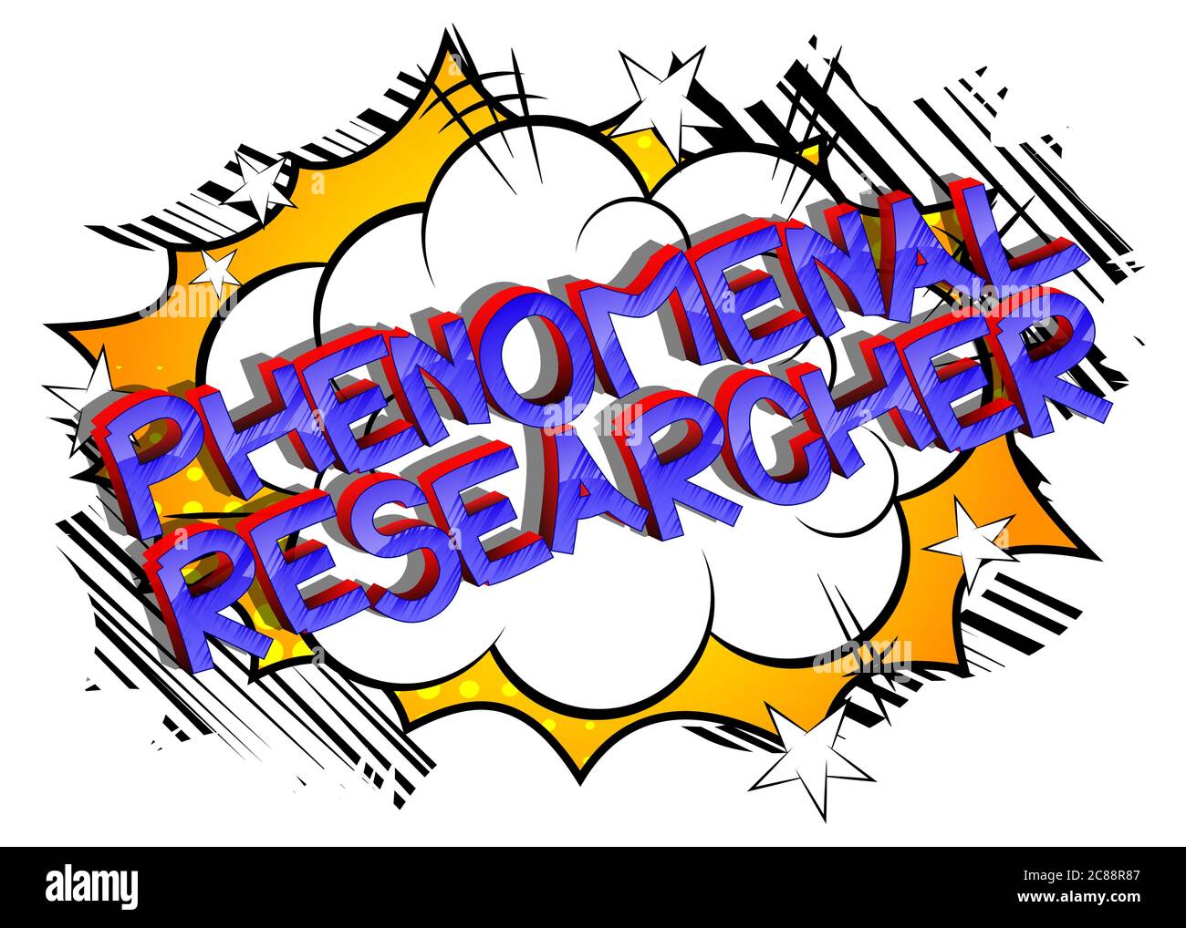 Phenomenal Researcher Comic book style cartoon words. Text on abstract ...