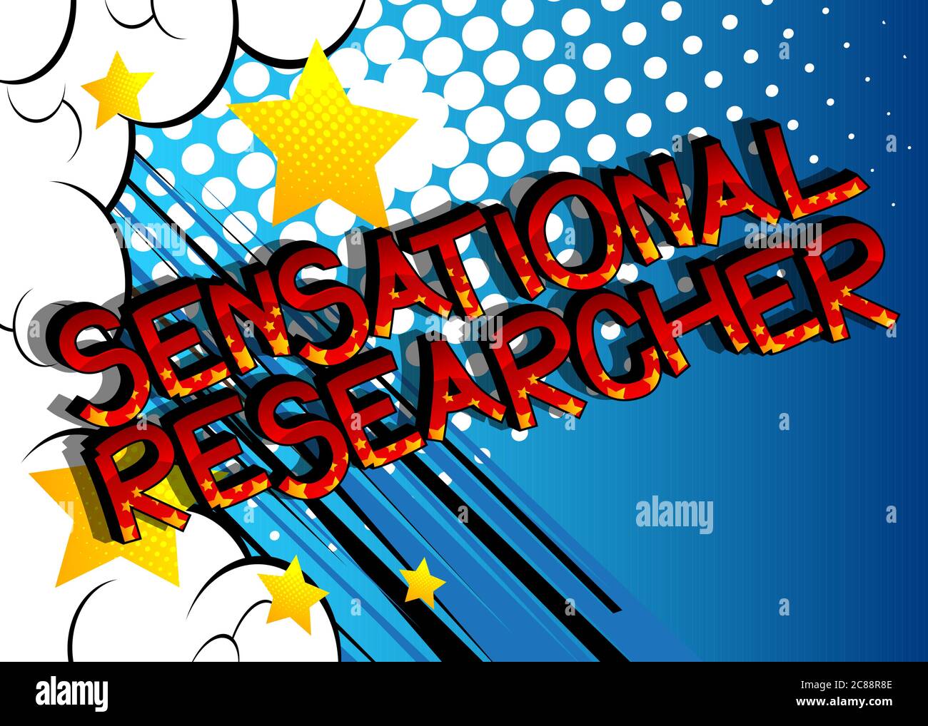 Sensational Researcher Comic book style cartoon words. Text on abstract ...