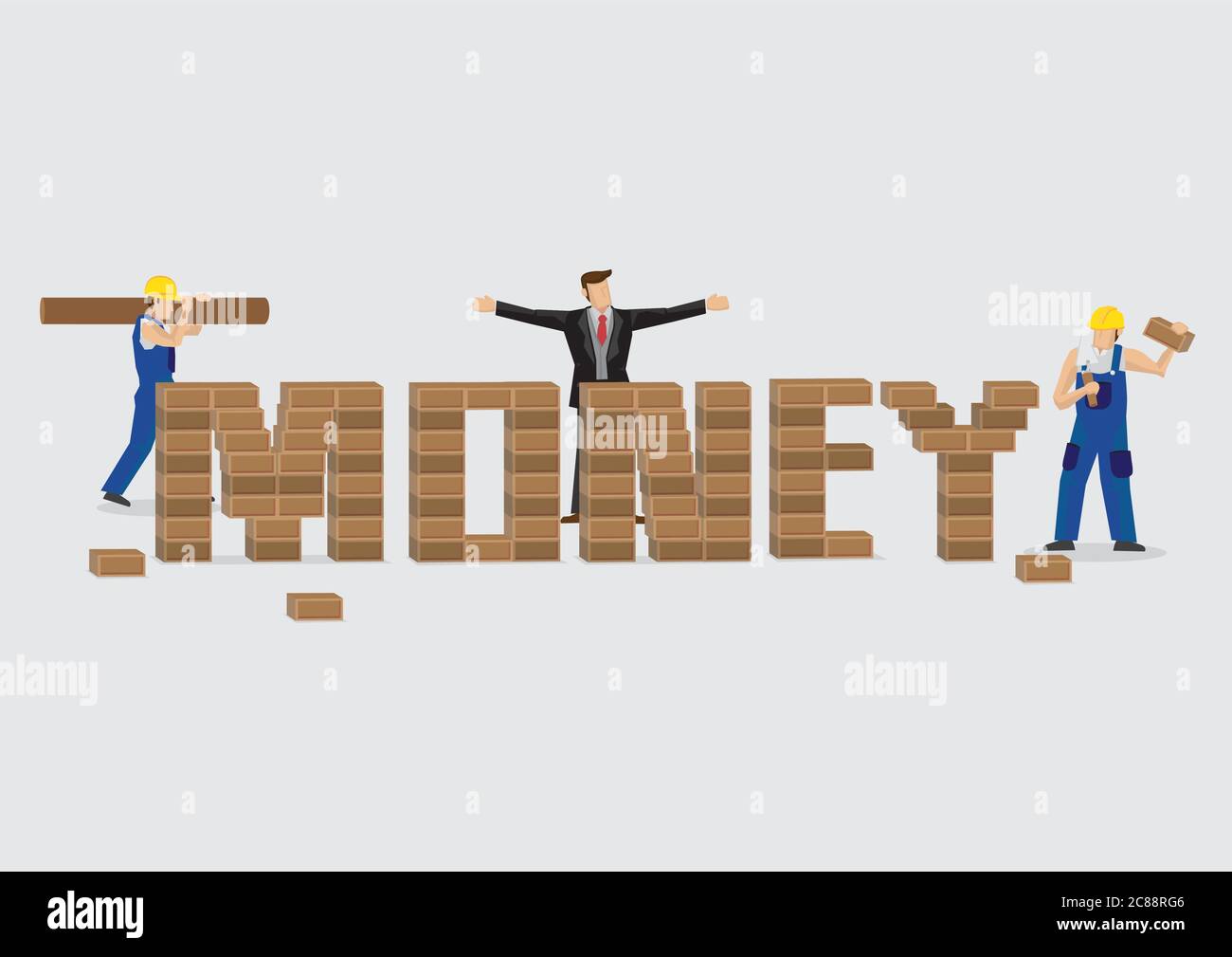 Businessman directing construction workers to build text Money. Vector ...