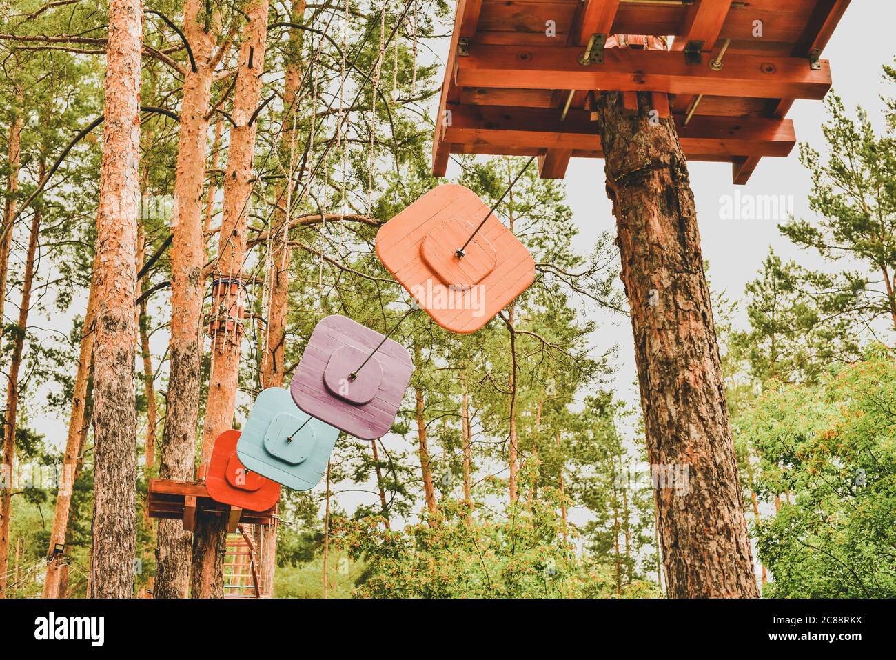 Rope town. Active family vacation in the open air. Elements of a rope ...