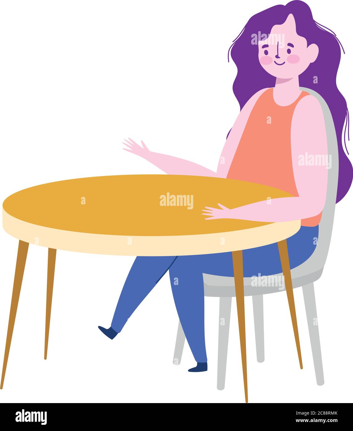 woman sitting alone at table, restaurant keep distance, isolated design ...