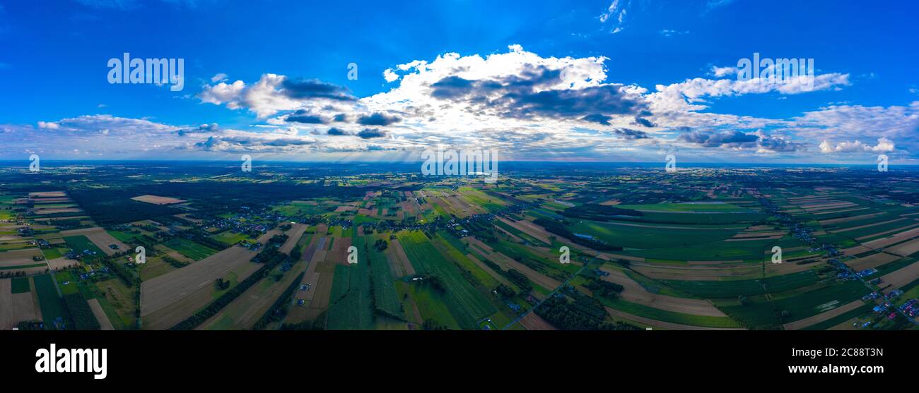 Panoramic Aerial vast green field view - Agriculture field aerial photo ...