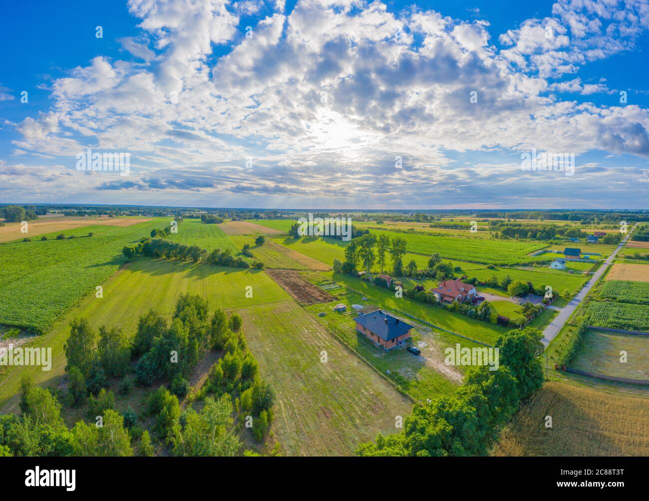 Panoramic Aerial vast green field view - Agriculture field aerial photo ...