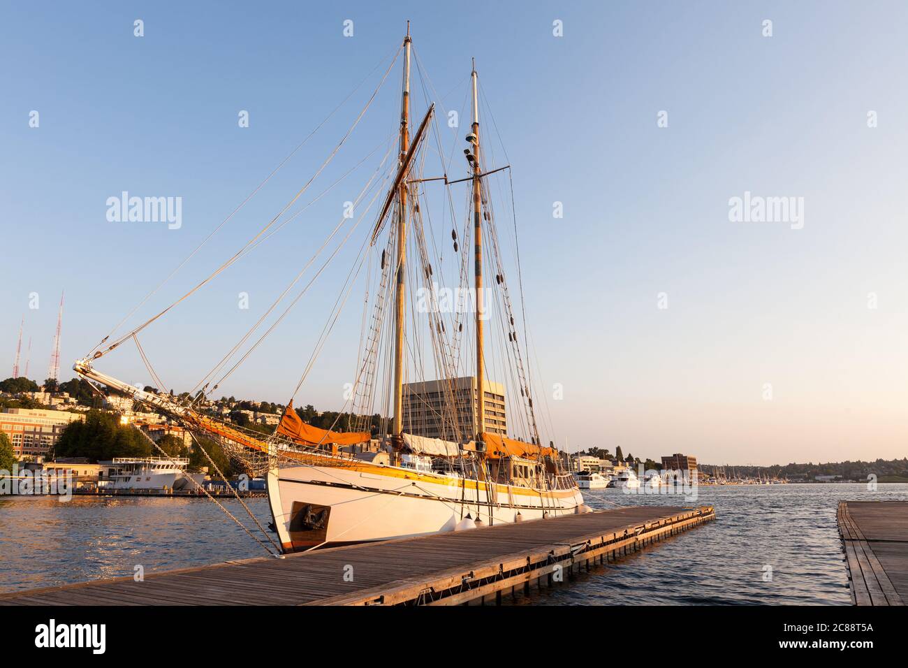 Sailing ship at the dock of Lake Union Park, Cascade district, Seattle ...