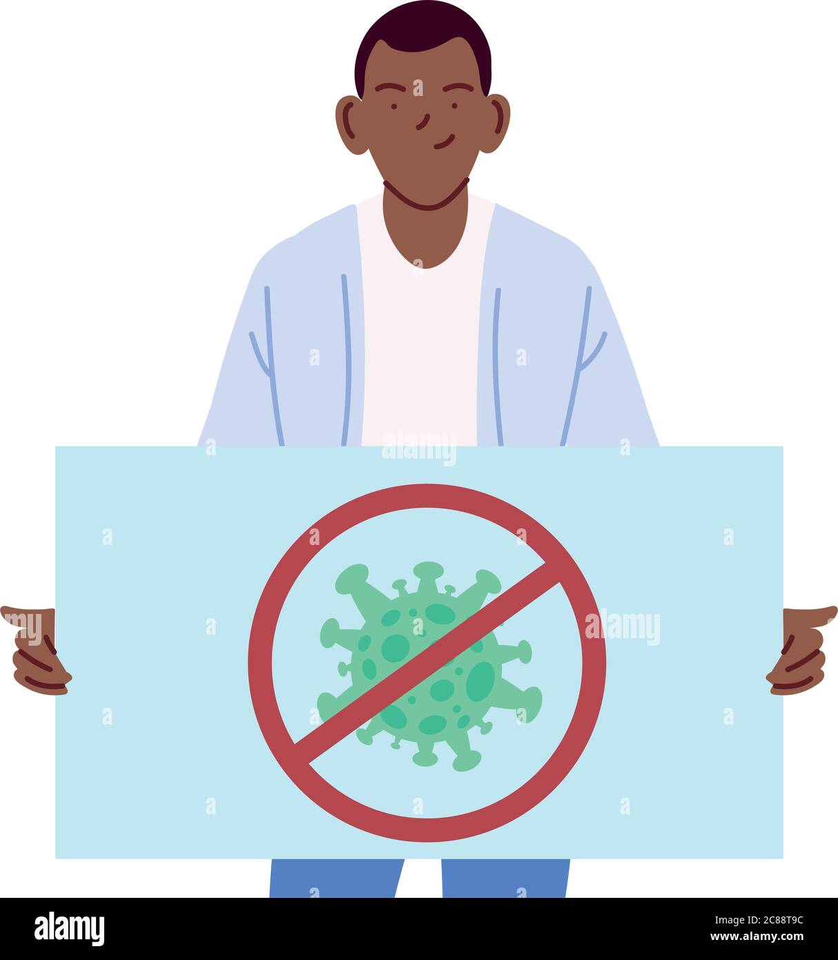 black man cartoon holding banner with stop covid 19 virus design of ...
