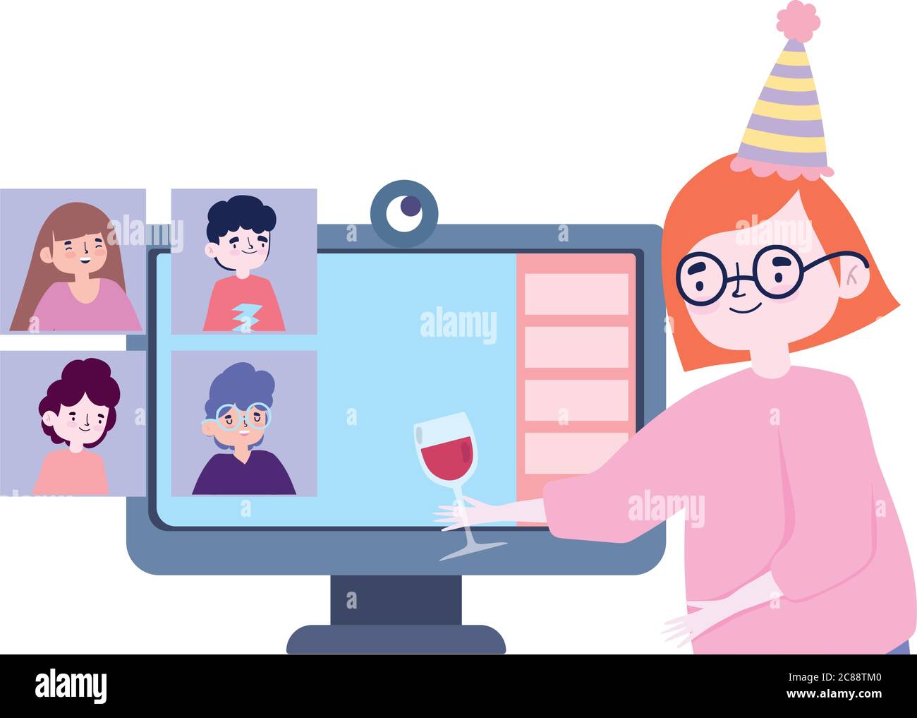 online party, meeting friends, woman with glass wine computer group ...