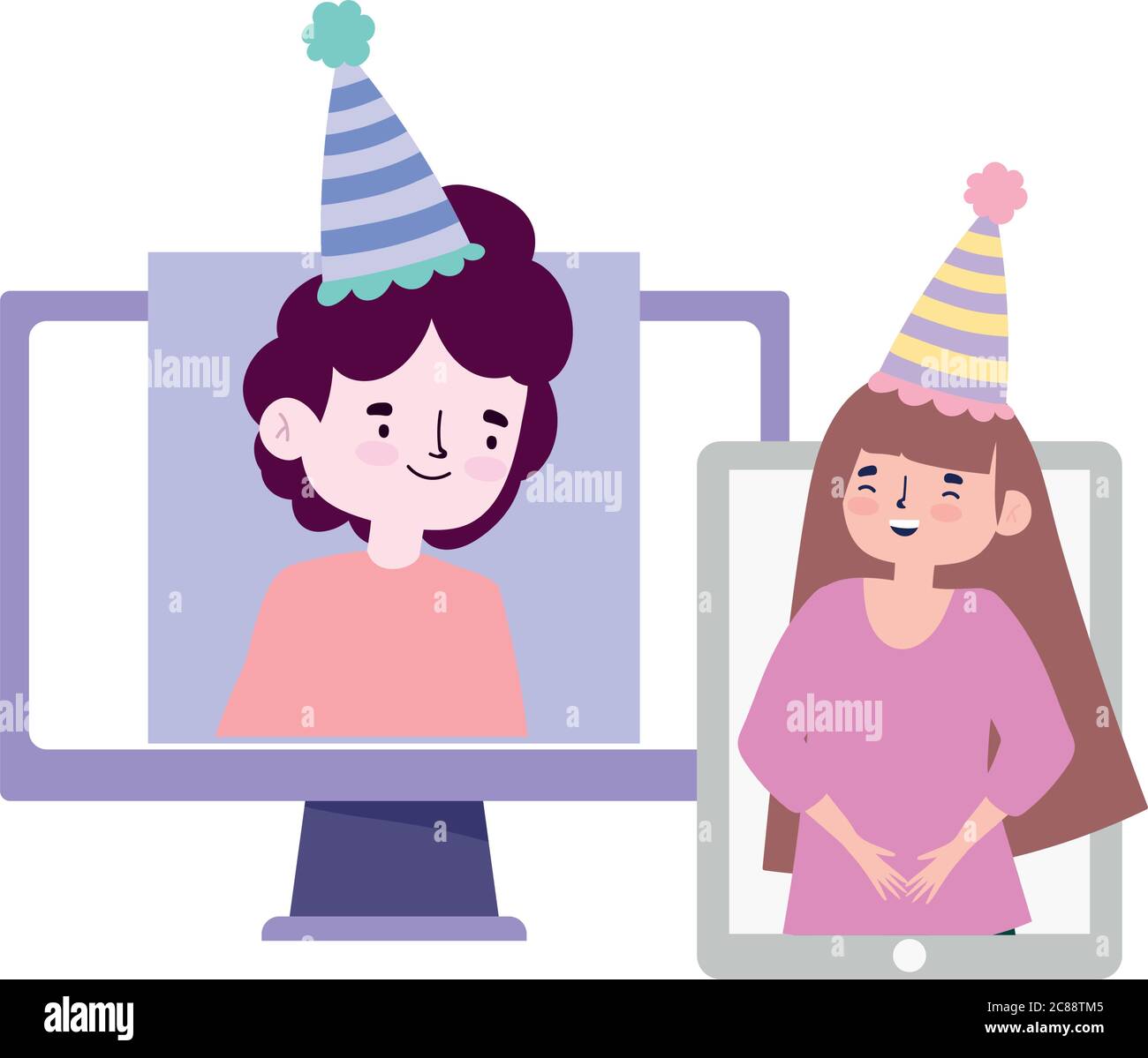 online party, meeting friends, video call smartphone and computer ...