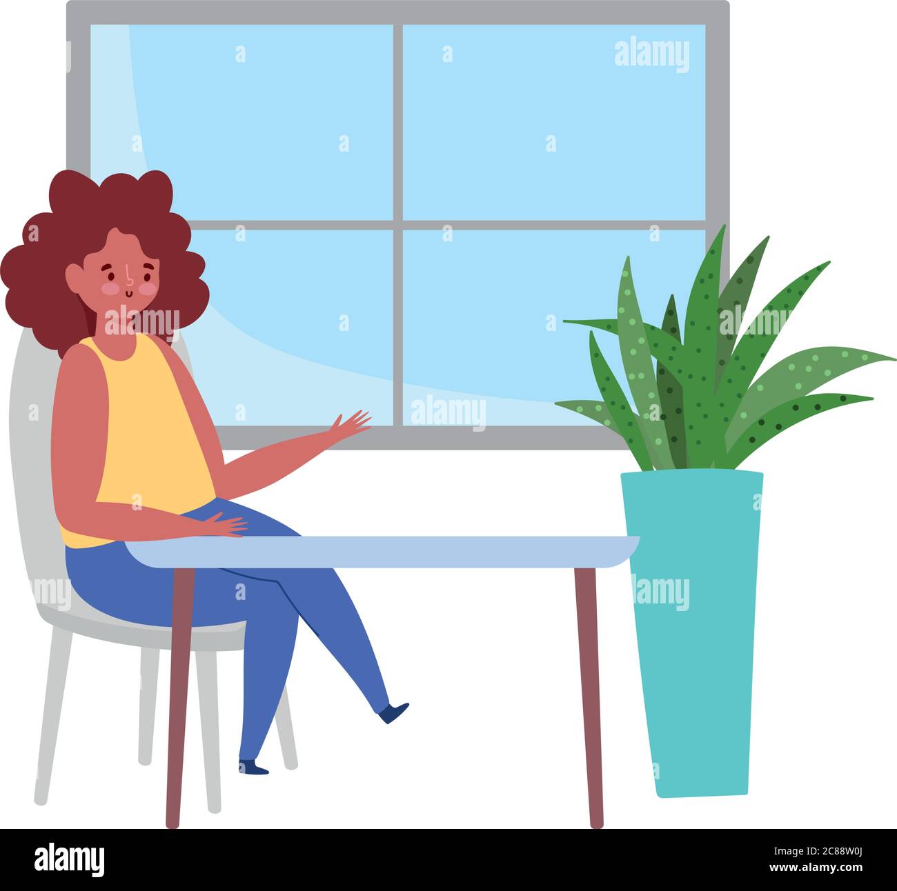 woman sitting alone at table, restaurant keep distance, isolated design ...