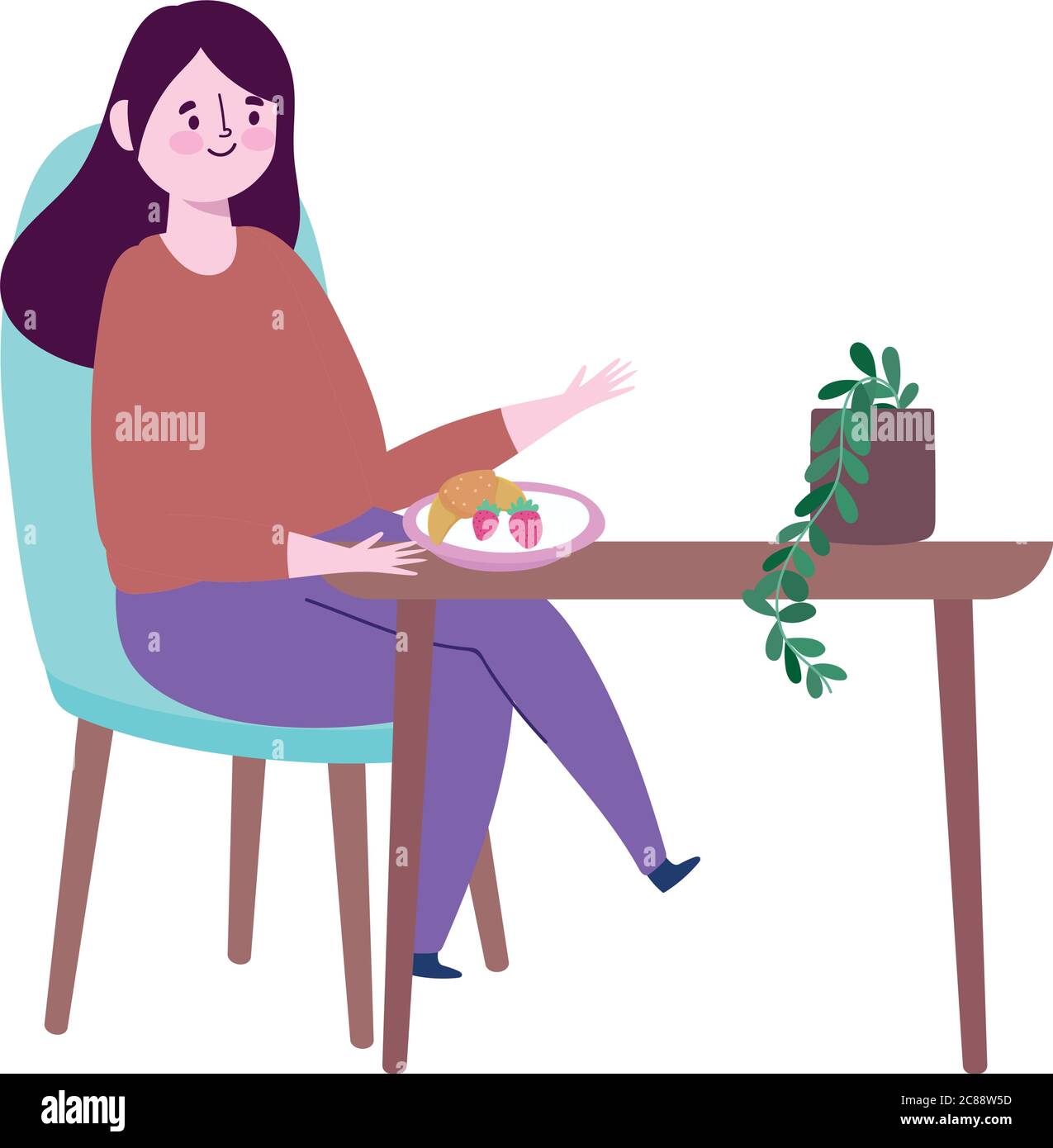 restaurant social distancing, woman eating fruits in table, prevention ...