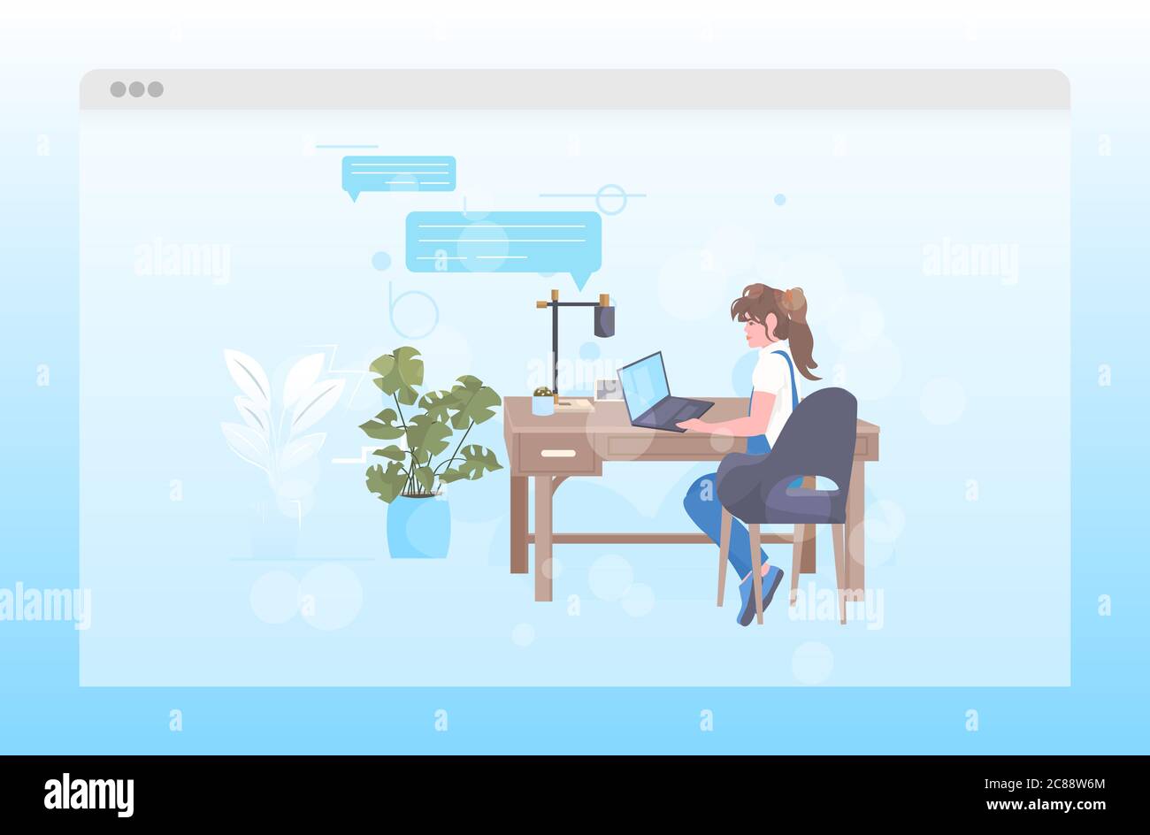 woman using laptop remote work quarantine isolation chat bubble ...