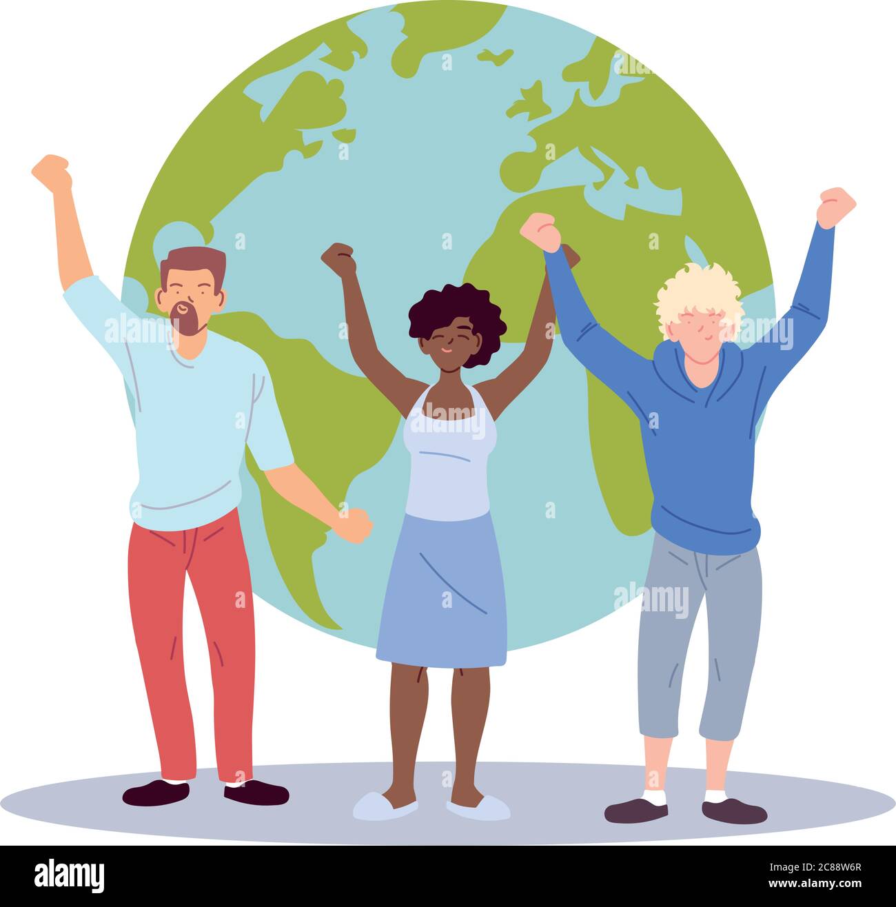 woman and men cartoons in front of world design, Manifestation protest ...