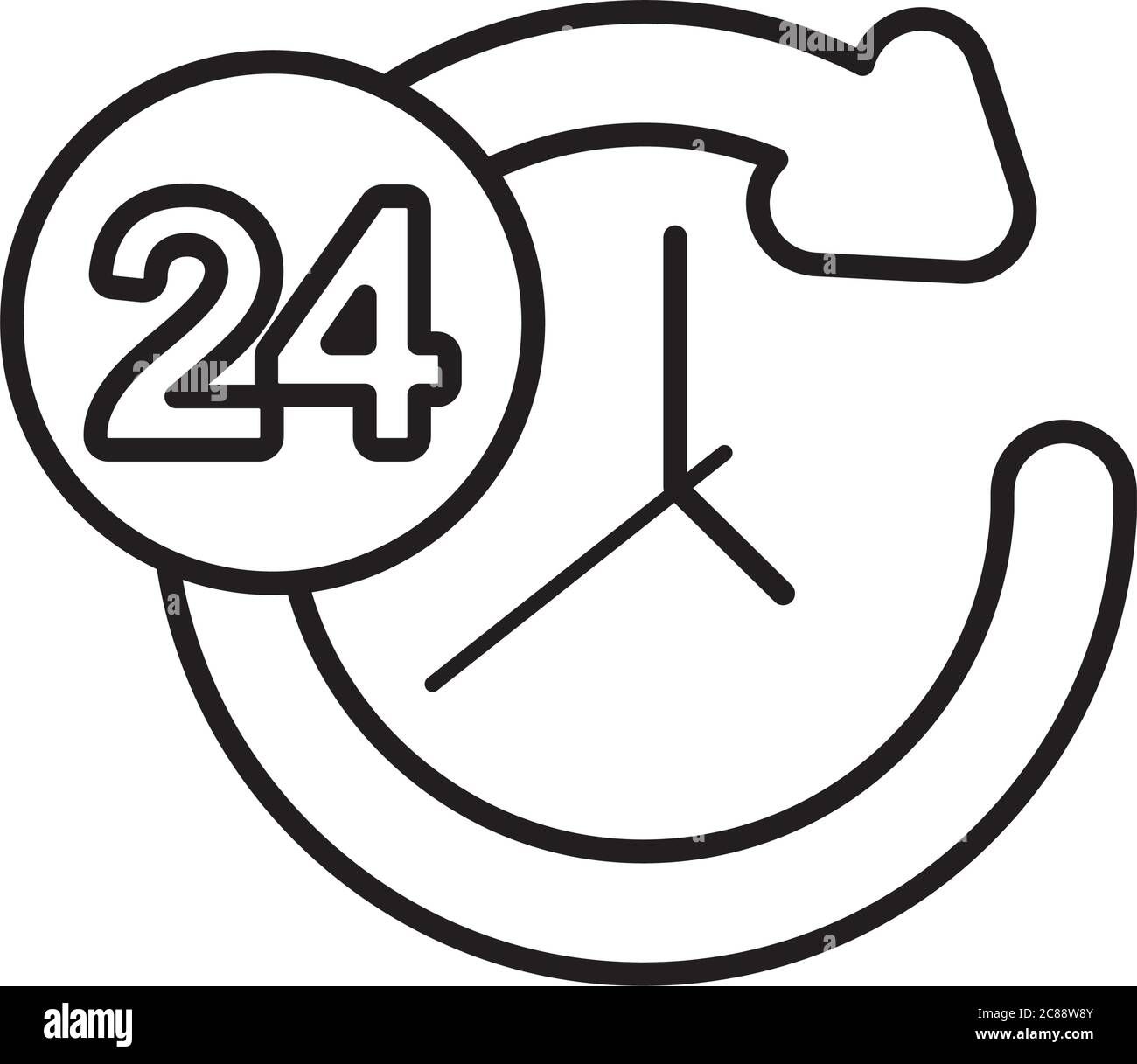 24 hours clock and circle arrow icon over white background, line style ...