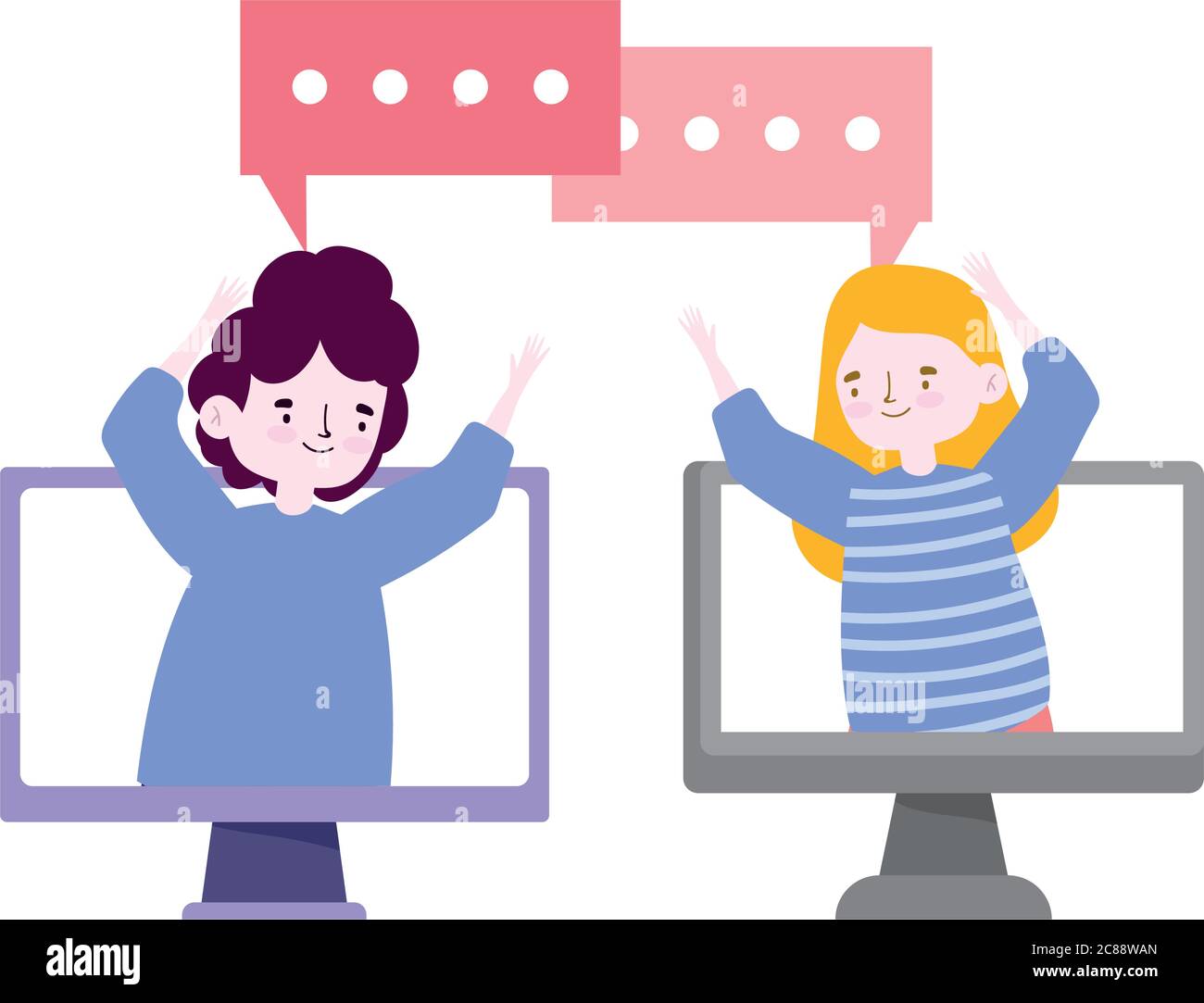 online party, meeting friends, young man and woman talking at computers ...