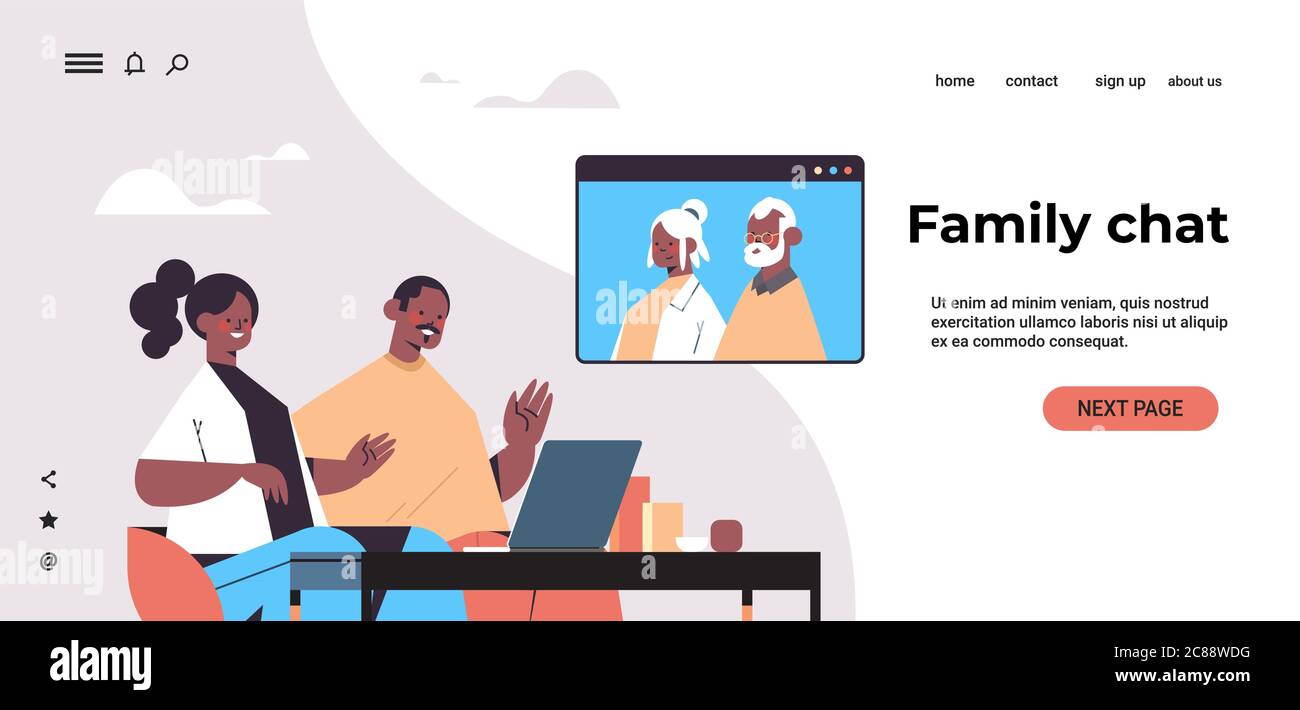 young couple having virtual meeting with grandparents during video call ...