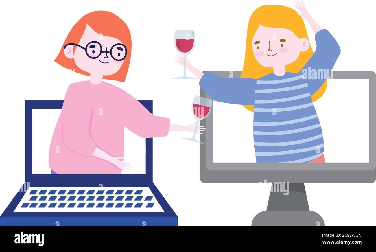 online party, meeting friends, women with wine cups celebrating on ...