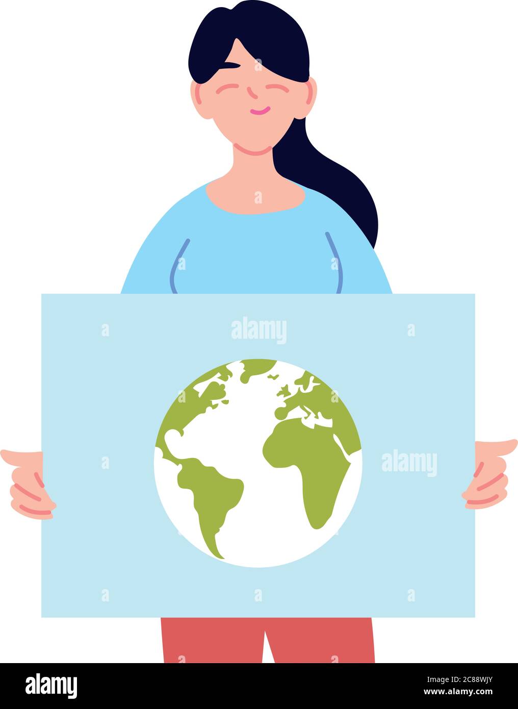 Woman cartoon holding banner board with world design, Manifestation ...